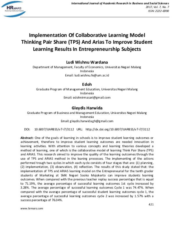 (PDF) Implementation Of Collaborative Learning Model Thinking Pair Share (TPS) And Arias To ...