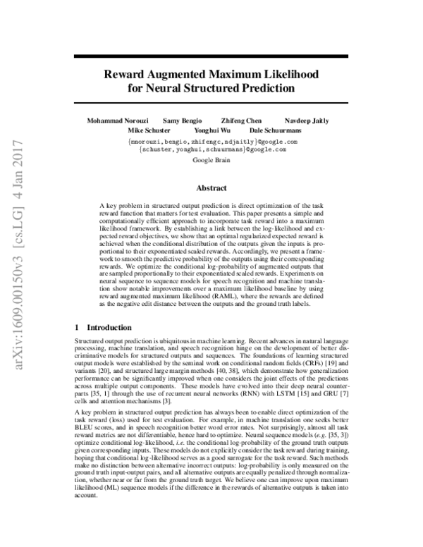 Pdf Reward Augmented Maximum Likelihood For Neural Structured