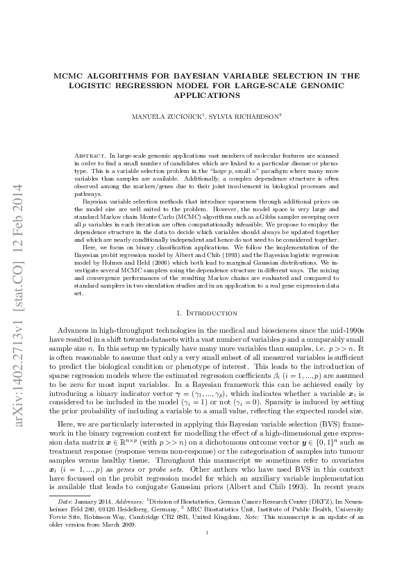 (PDF) MCMC algorithms for Bayesian variable selection in the logistic regression model for large ...