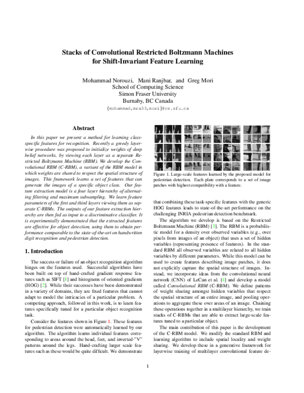 (PDF) Stacks of convolutional Restricted Boltzmann Machines for shift-invariant feature learning