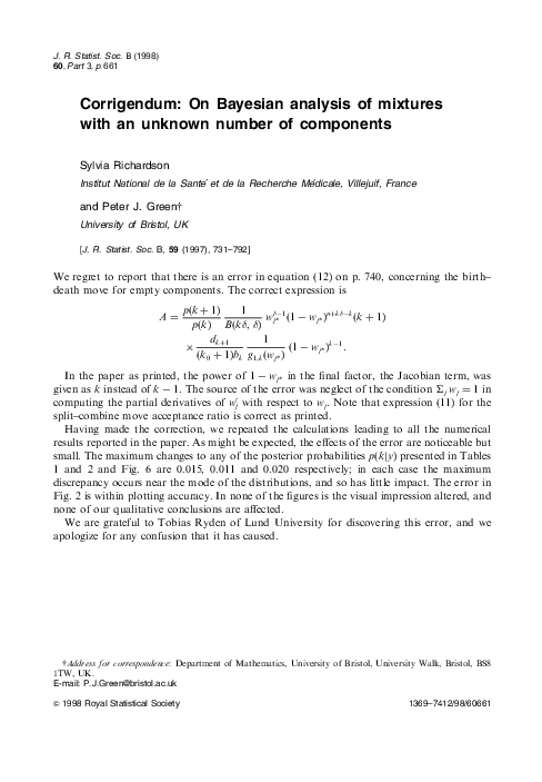 Pdf Corrigendum On Bayesian Analysis Of Mixtures With An Unknown Number Of Components