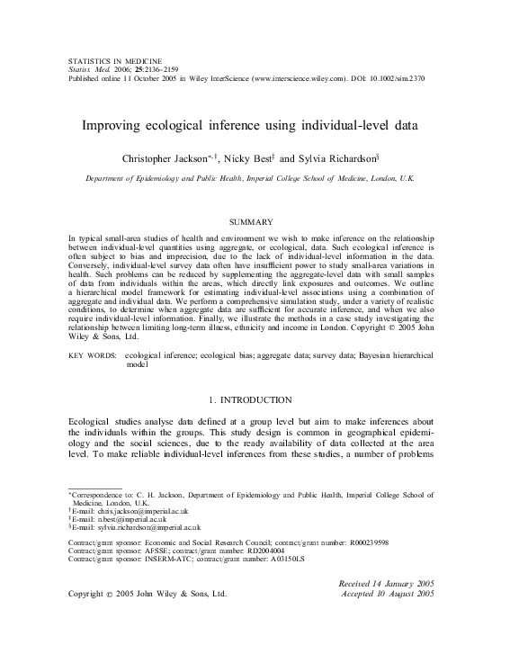 Pdf Improving Ecological Inference Using Individual Level Data