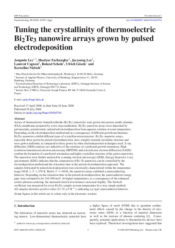 (PDF) Tuning the crystallinity of thermoelectric Bi2Te3nanowire arrays ...