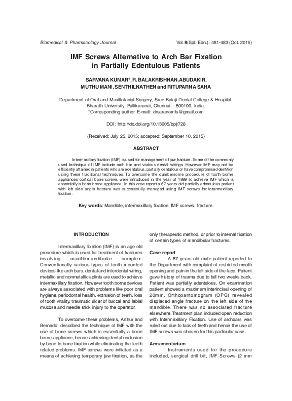 (PDF) IMF Screws Alternative to Arch Bar Fixation in Partially ...