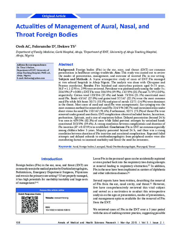 (PDF) Actualities of management of aural, nasal, and throat foreign bodies
