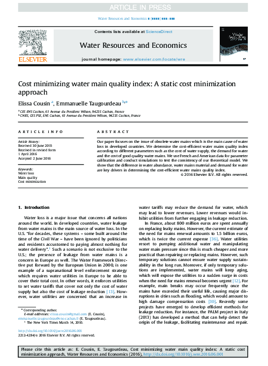 Pdf Cost Minimizing Water Main Quality Index A Static Cost Minimization Approach