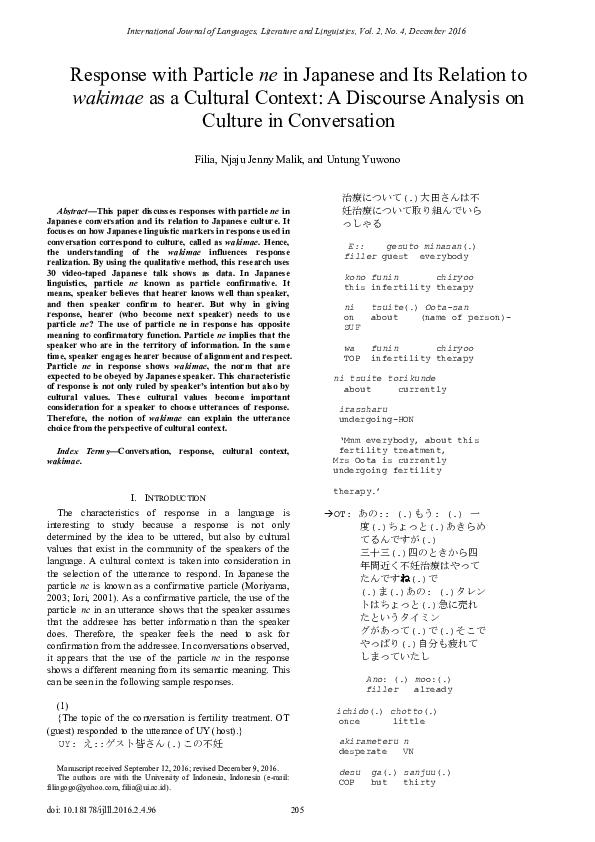 (PDF) Response with Particle ne in Japanese and Its Relation to wakimae as a Cultural Context: A ...