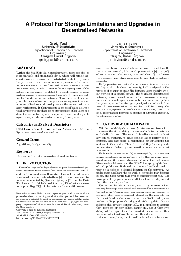 (PDF) A Protocol For Storage Limitations and Upgrades in Decentralised ...