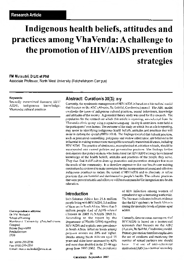(PDF) Indigenous health beliefs, attitudes and practices among VhaVenda ...