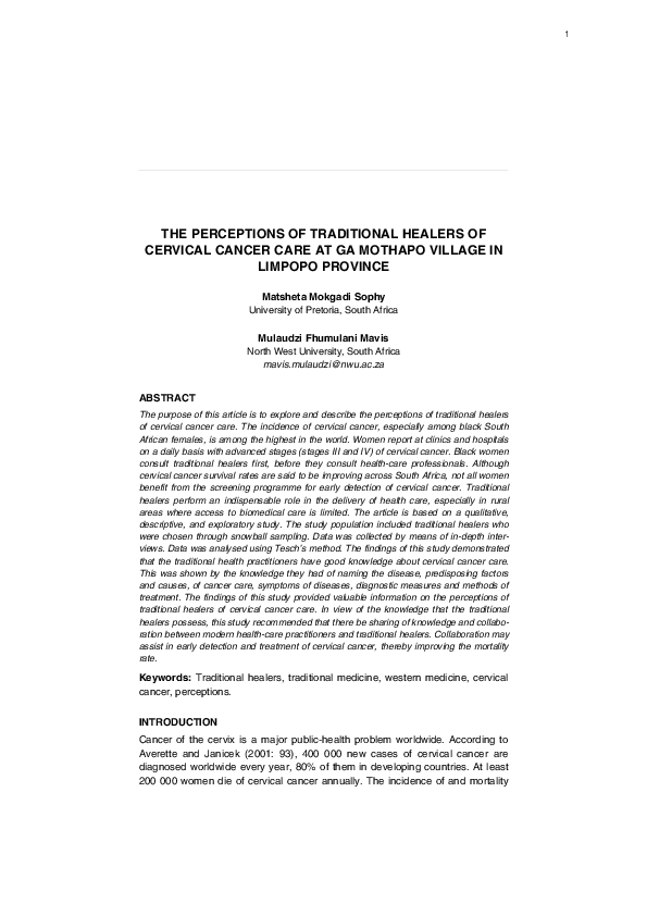 (PDF) The Perceptions Of Traditional Healers Of Cervical Cancer Care At ...