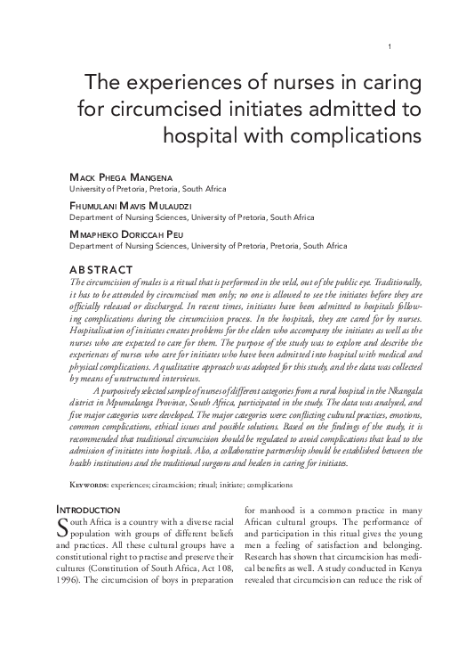 (PDF) The experiences of nurses in caring for circumcised initiates ...