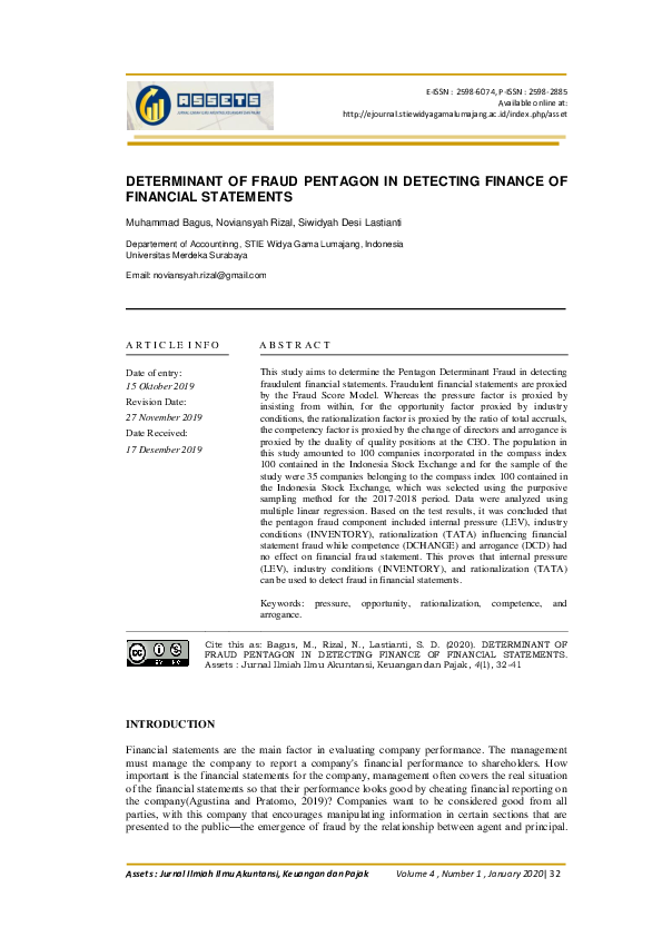 (PDF) Determinant of Fraud Pentagon in Detecting Finance of Financial Statements