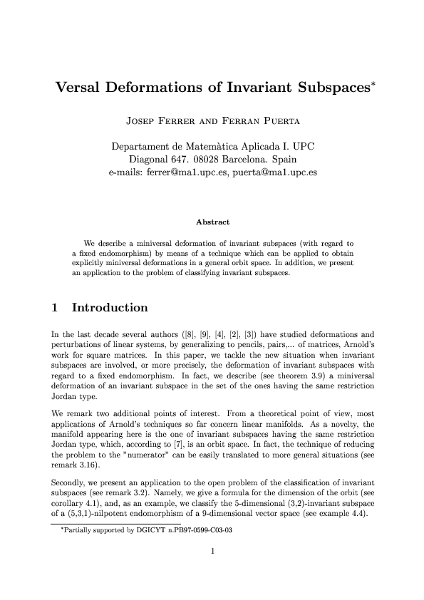 (PDF) Versal deformations of invariant subspaces | Josep Ferrer ... (PDF) Versal deformations of invariant subspaces | Josep Ferrer ...
