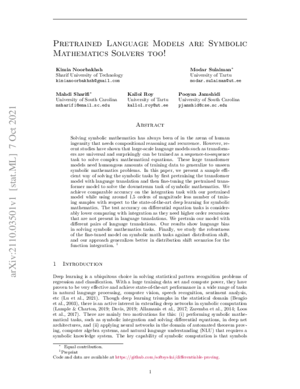 (PDF) Pretrained Language Models are Symbolic Mathematics Solvers too!