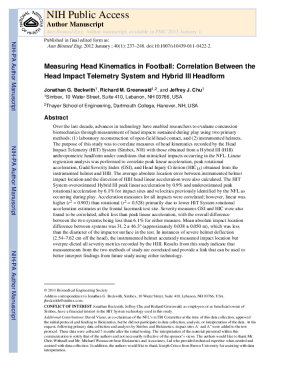 (PDF) Measuring Head Kinematics in Football: Correlation Between the ...