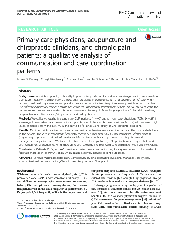 (PDF) Primary care physicians, acupuncture and chiropractic clinicians, and chronic pain ...