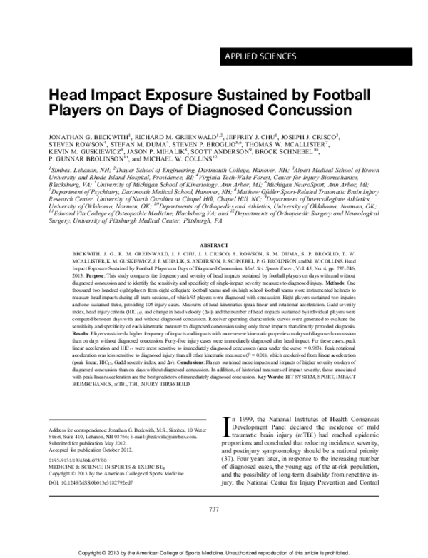 (PDF) Head Impact Exposure Sustained by Football Players on Days of ...