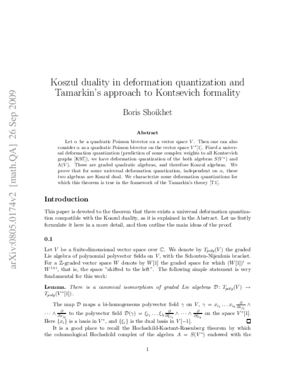 (PDF) Koszul duality in deformation quantization and Tamarkin's approach to Kontsevich formality ...