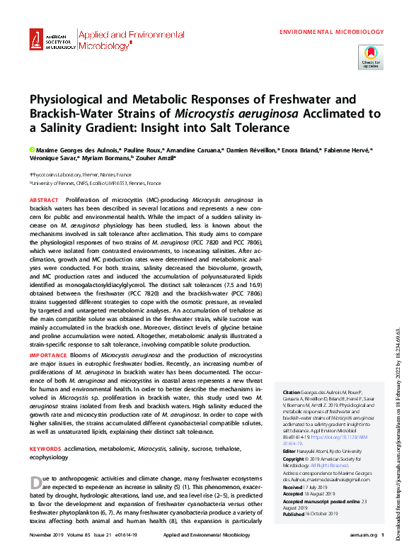 (PDF) Physiological and Metabolic Responses of Freshwater and Brackish ...