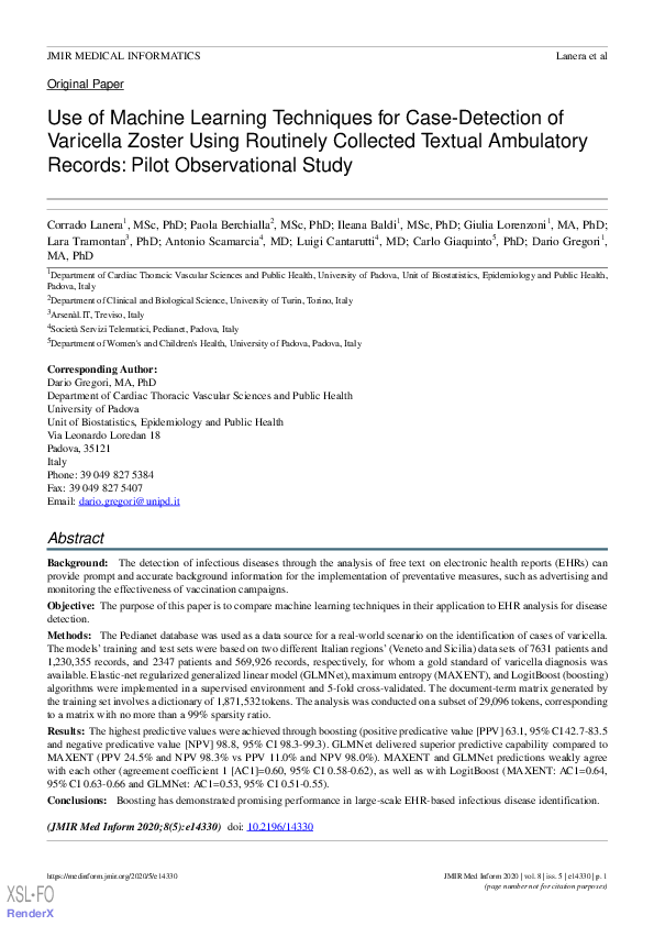 Pdf Use Of Machine Learning Techniques For Case Detection Of Varicella Zoster Using Routinely
