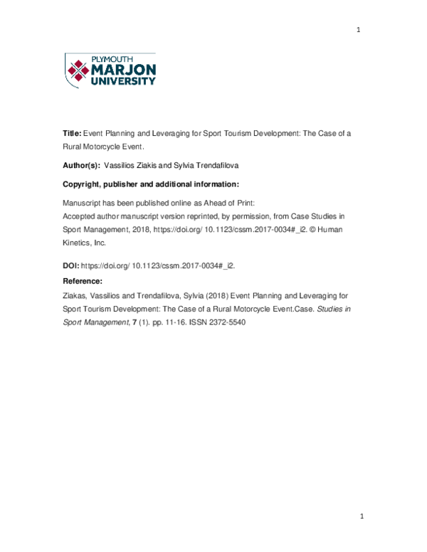 (PDF) Event Planning and Leveraging for Sport Tourism Development: The Case of a Rural ...