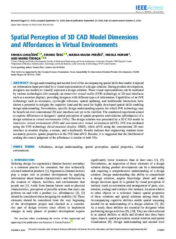 (PDF) Spatial Perception of 3D CAD Model Dimensions and Affordances in Virtual Environments
