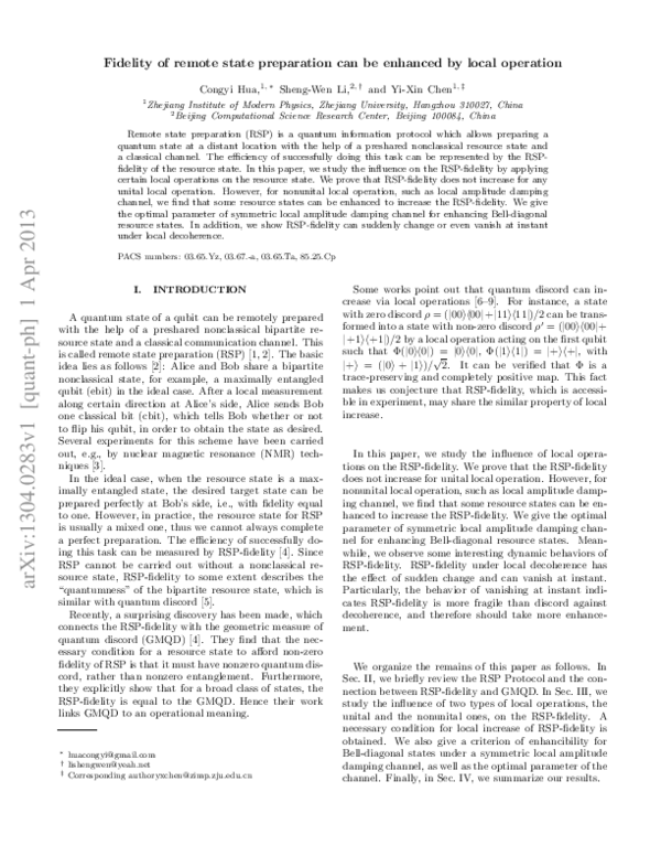(PDF) Fidelity of remote state preparation can be enhanced by local operation