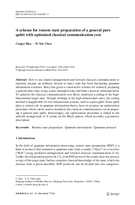 (PDF) A scheme for remote state preparation of a general pure qubit ...