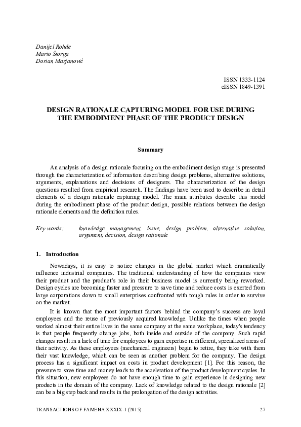 (PDF) DESIGN RATIONALE CAPTURING MODEL FOR USE DURING THE EMBODIMENT PHASE OF THE PRODUCT DESIGN ...