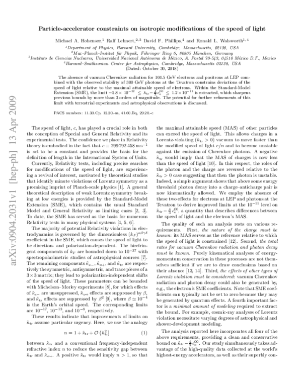 (PDF) Particle-Accelerator Constraints on Isotropic Modifications of the Speed of Light | Ronald ...