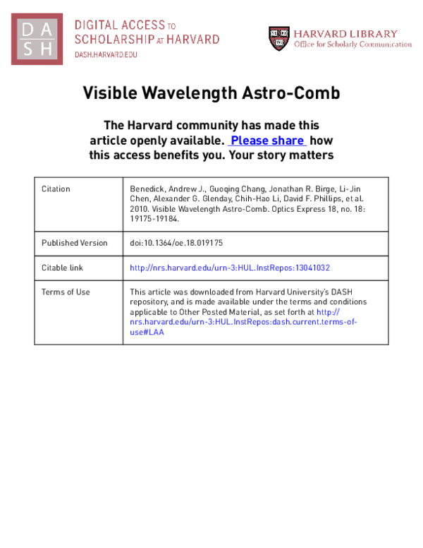 (PDF) Visible wavelength astro-comb