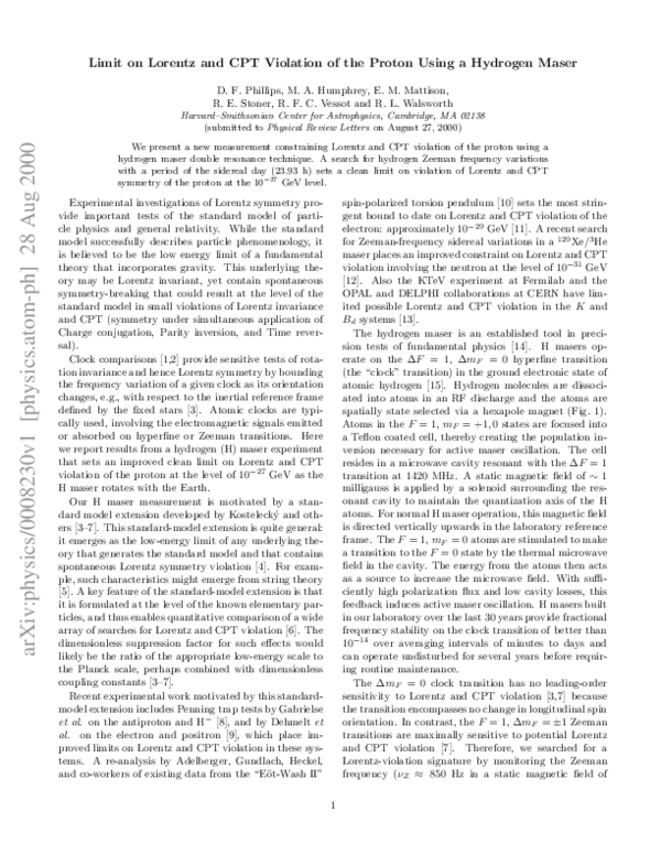 (PDF) Limit on Lorentz andCPTviolation of the proton using a hydrogen ...