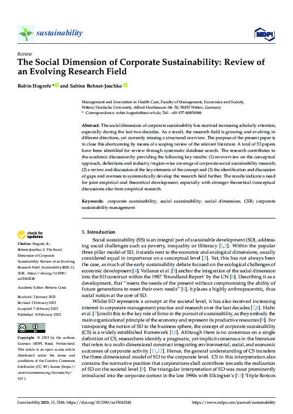 (PDF) The Social Dimension of Corporate Sustainability: Review of an ...