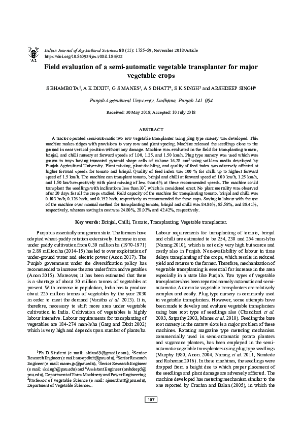 Pdf Field Evaluation Of A Semi Automatic Vegetable Transplanter For Major Vegetable Crops
