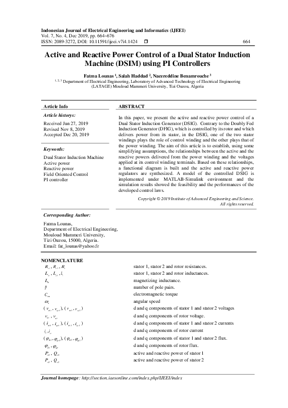 Pdf Active And Reactive Power Control Of A Dual Stator Induction