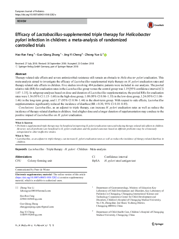(PDF) Efficacy of Lactobacillus-supplemented triple therapy for Helicobacter pylori infection in ...