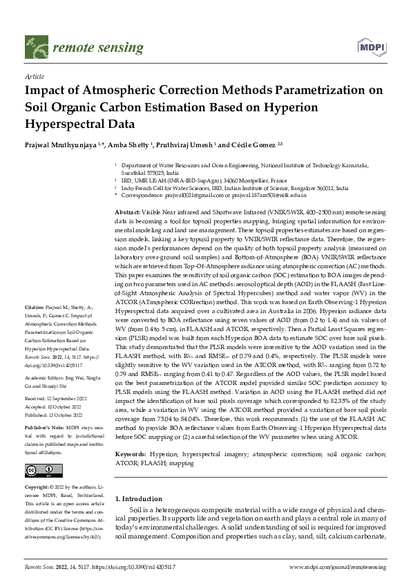 (PDF) Impact of Atmospheric Correction Methods Parametrization on Soil Organic Carbon Estimation ...