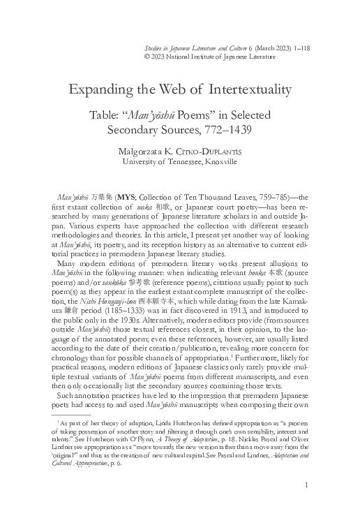 (PDF) Expanding the Web of Intertextuality. Table: “Man’yōshū Poems” in Selected Secondary ...