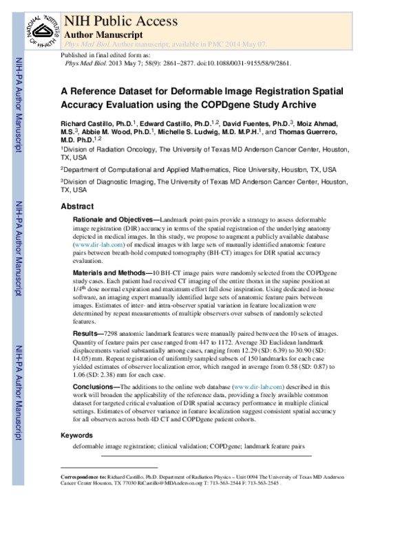 Pdf A Reference Dataset For Deformable Image Registration Spatial Accuracy Evaluation Using
