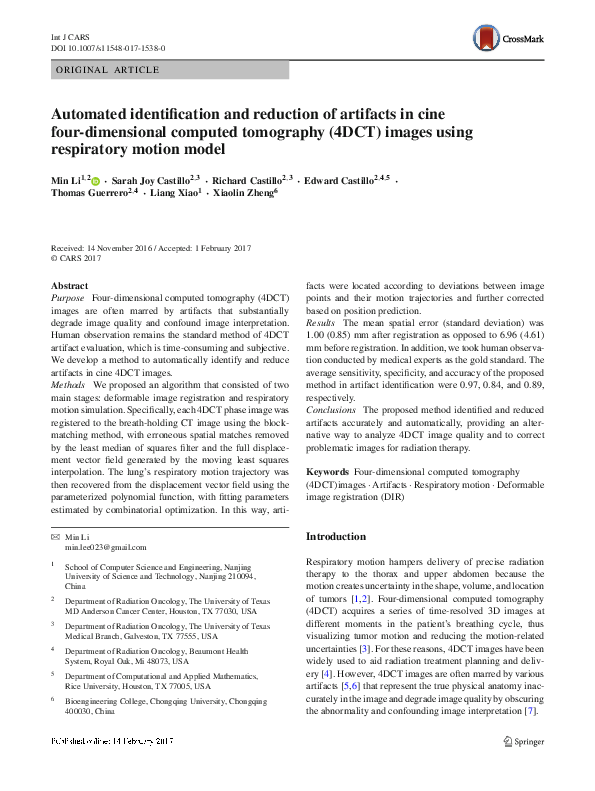 (PDF) Automated identification and reduction of artifacts in cine four-dimensional computed ...