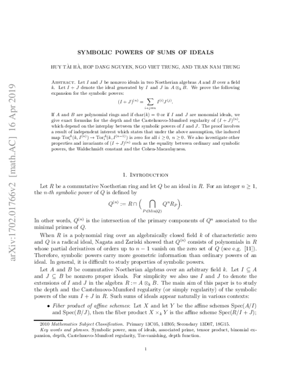 (PDF) Symbolic powers of sums of ideals