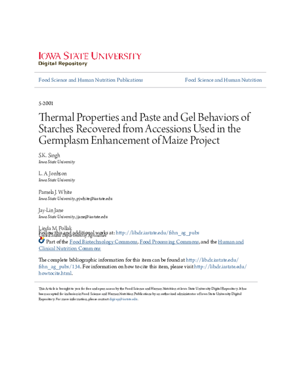 (PDF) Thermal Properties and Paste and Gel Behaviors of Starches ...