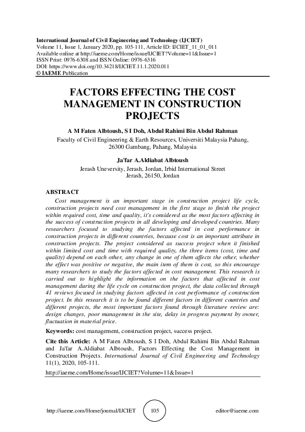 Pdf Factors Effecting The Cost Management In Construction Projects