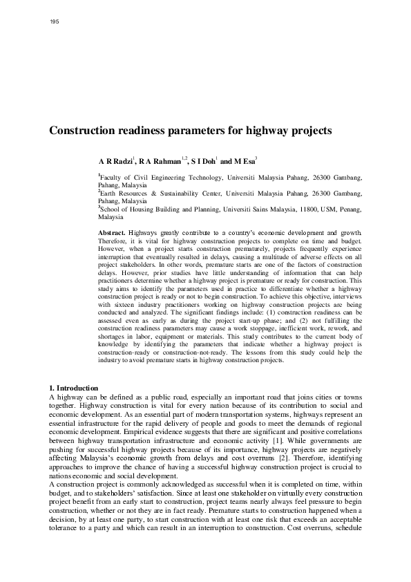 (PDF) Construction readiness parameters for highway projects