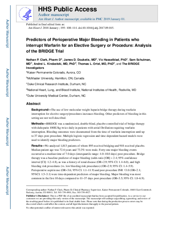 (PDF) Predictors of perioperative major bleeding in patients who ...