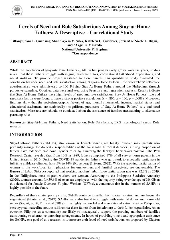 (PDF) Levels of Need and Role Satisfactions Among Stay-at-Home Fathers ...