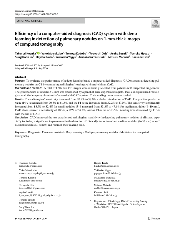 Pdf Efficiency Of A Computer Aided Diagnosis Cad System With Deep Learning In Detection Of