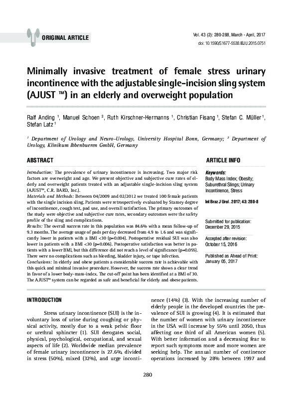 (PDF) Minimally invasive treatment of female stress urinary incontinence: 100 cases using SPARC ...