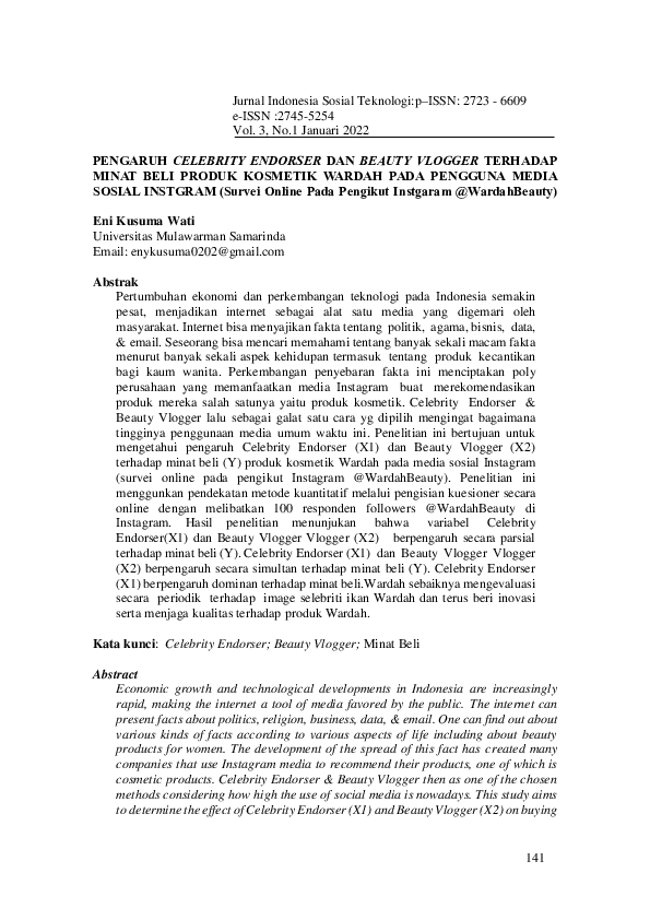 (PDF) Pengaruh Celebrity Endorser Dan Beauty Vlogger Terhadap Minat Beli Produk Kosmetik Wardah ...
