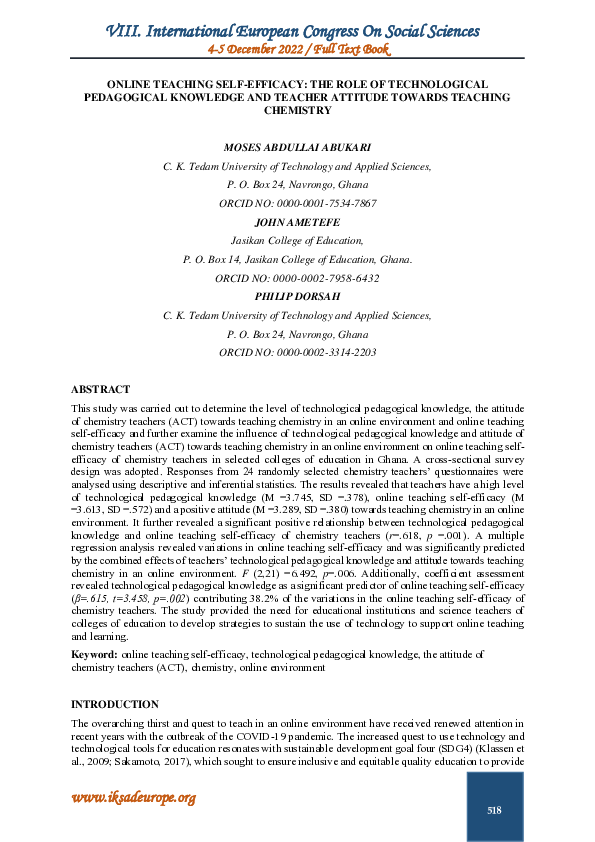 (PDF) ONLINE TEACHING SELF-EFFICACY: THE ROLE OF TECHNOLOGICAL PEDAGOGICAL KNOWLEDGE AND TEACHER ...